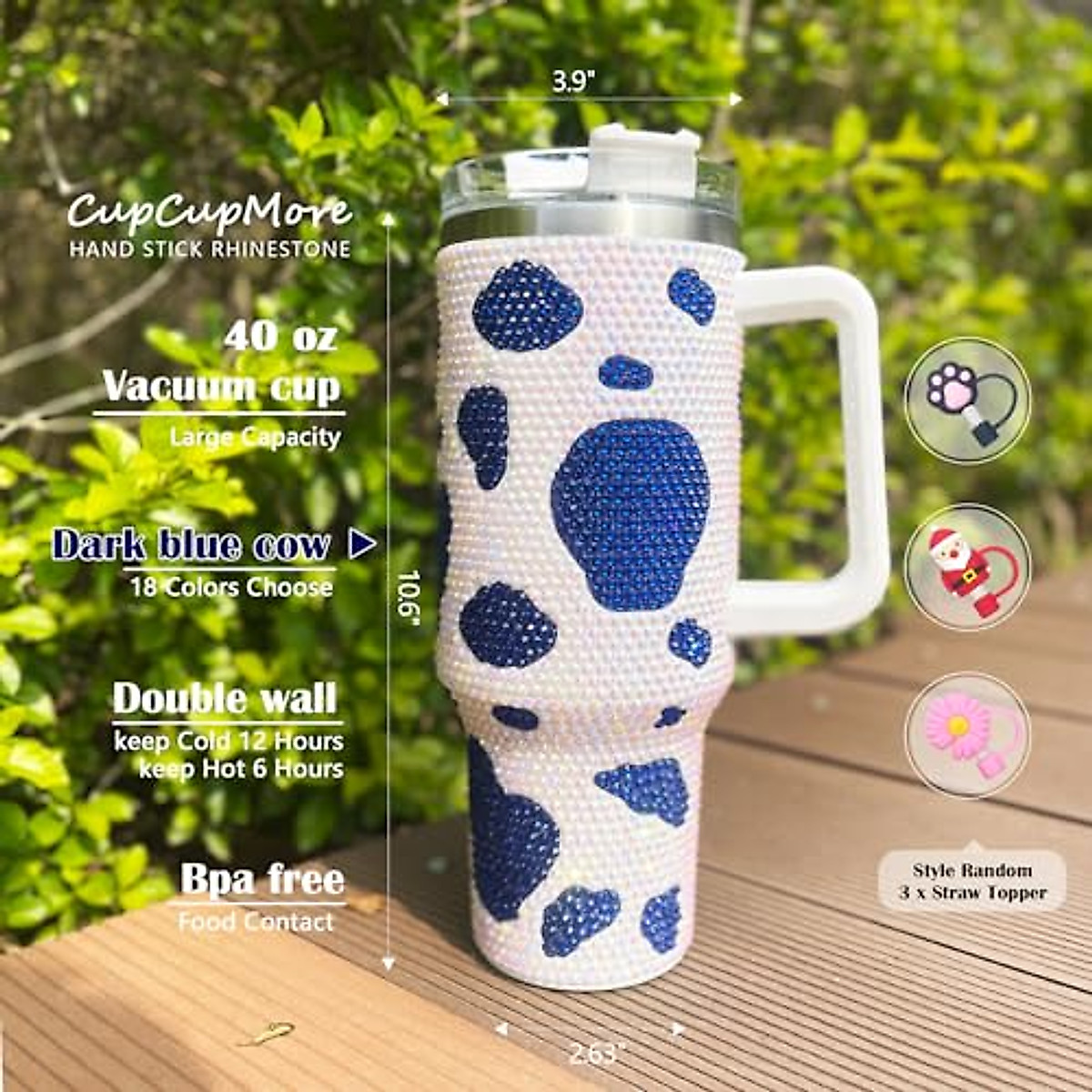 Cupcupmore 40oz Dark Blue Cow Bling Rhinestone Stainless Steel Sippy Tumbler Glitter Vacuum Insulated Water Bottle with Straw & Lid & Handle,Thermos for Hot & Cold Drinks,Car Cup Holder,Coffee