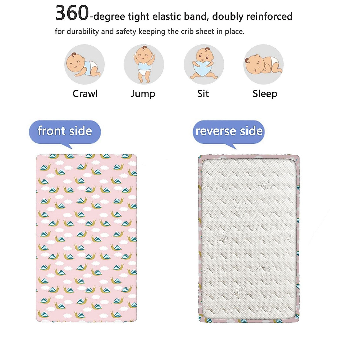 Snail Themed Fitted Mini Crib Sheets,Portable Mini Crib Sheets Toddler Bed Mattress Sheets-Crib Mattress Sheet or Toddler Bed Sheet,24“ x38“,Rose Sea Blue and Fawn