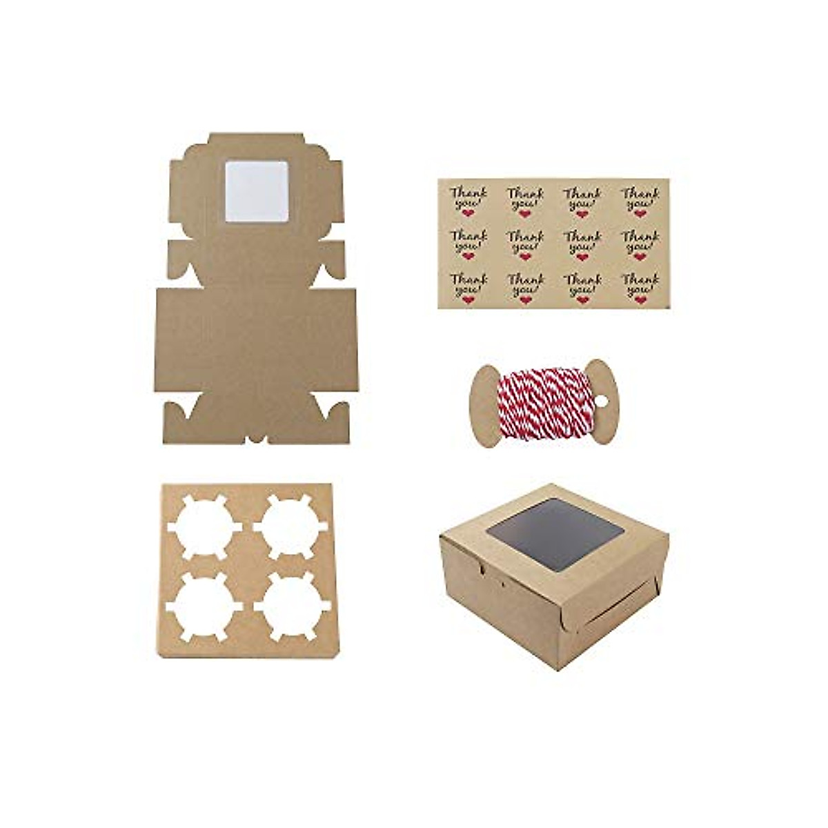 ST.LORIAN 15 Packs Bakery Cupcake Boxes with Window and Inserts 4 Holders,Twine and Stickers,6x6x3 Inch Food Grade Kraft Cookie Boxes for Muffins,Small Cakes,Cupcakes(15 Packs, Kraft)