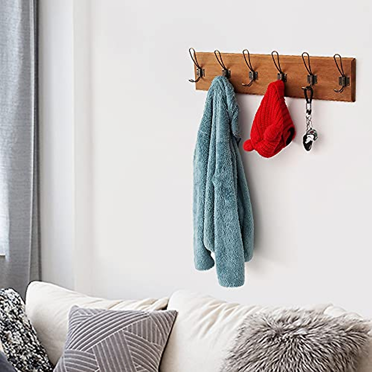 Coral Flower Wall Mounted Rack with Shelf-Rustic Wooden 6 Coat Hanger Rail Distressed Wood Black Metal Hooks, 27 Inches, Light Brown