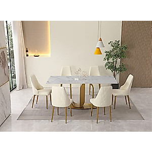 HomSof Contemporary Dining Table Set Sintered Stone Top and U Shape Pedestal Base Finish with 6 pcs Chairs, 7 Pieces, White+Gold