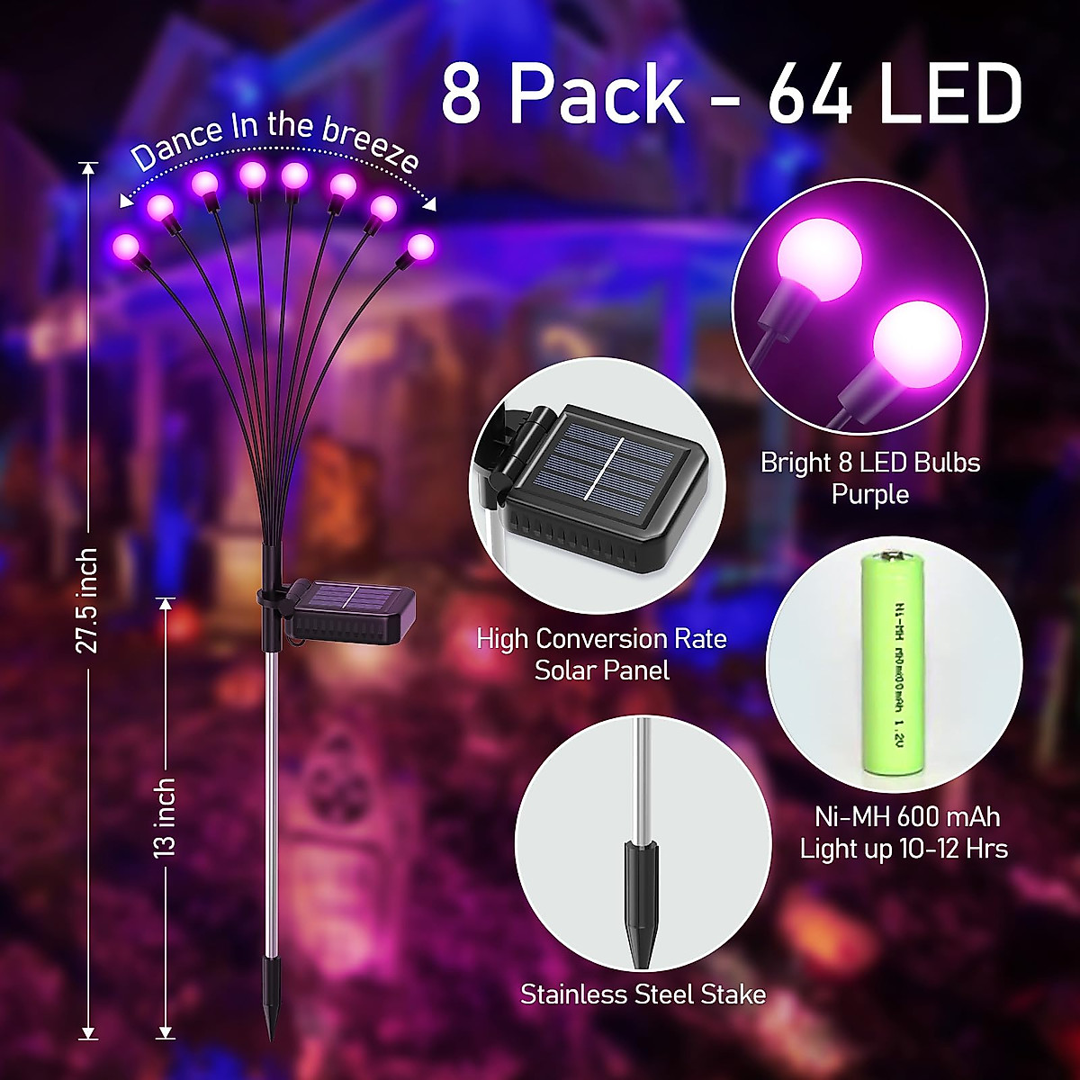 KELME Halloween Decorations Outdoor, 8 Pack 64 LED Swaying Solar Halloween Lights, Bright Firefly Garden Lights Solar Outdoor Halloween Decor Decorations for Outside Yard Pathway - Purple