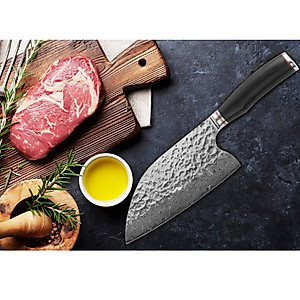 YOUSUNLONG Hybrid Cleaver 8 inch Meat Cleaver Outdoor Serbian Chef Knife-Japanese Damascus Steel - Natural Leadwood Handle with Leather