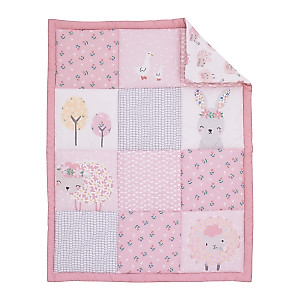 Little Love by NoJo Farm Chic - Little Lambs Pink, Grey and White 3 Piece Crib Bedding Set- Comforter, Fitted Crib Sheet, Dust Ruffle