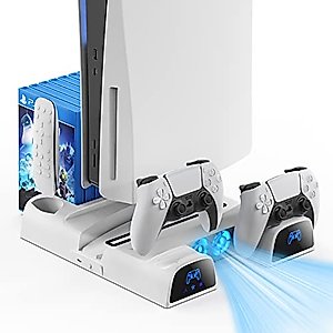 CODOGOY PS5 Stand with 2 Cooling Fan, Dual Fast PS5 Controller Charging Station with Games Storage, PS5 Cooling Station PS5 Accessories Vertical Stand for Sony Playstation 5 Disc & Digital Editions