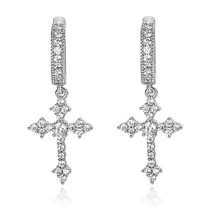 TKMIRA 14K Gold/Silver Plated Cross Earrings Men Women Hypoallergenic Cubic Zirconia Dangle Hoop Earrings (cross3-silver)