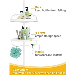 Corner Shower Caddy Tension Pole, Bathroom Organizer Stand Pole with 4 Plastic Baskets, for Bathtub Shampoo Accessories Storage Rake Freestanding, 54 to 114 inch Height, White