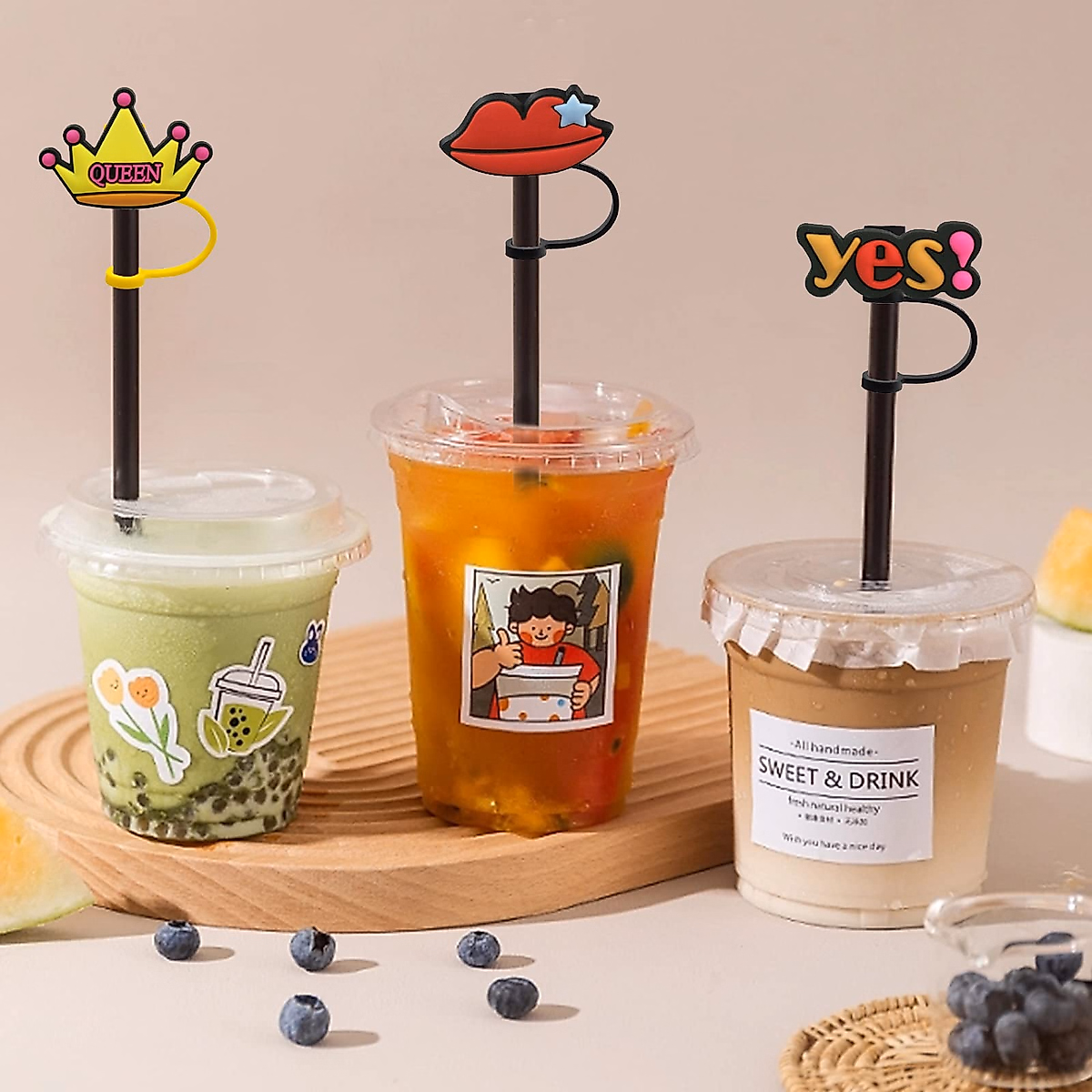 12pcs Silicone Straw Tips Cover Reusable Drinking Straws Cap Water Bottle Accessories Cap of a Pen Straw Tips Caps Decoration Cute Cartoon Party Straw Decoration (Straw Not Included)