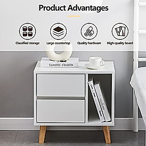 CLIPOP Set of 2 Modern Nightstand with 2 Drawers, Open Shelf, Solid Wood Legs, Wood Bedside Table with Vertical Open Storage, End Side Table for Bedroom Living Room (White)