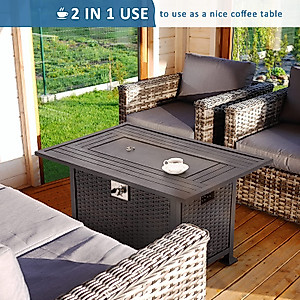 UDPATIO 8 Piece Patio Furniture Sets with Fire Pit Table, Rattan Outdoor Patio Furniture Sofa Sectional w/Gas Fire Pit, Coffee Table, 2 Waterproof Covers,for Patio Back Deck, Balcany, Poolside,Cream