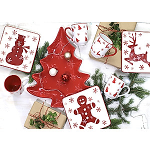 Euro Ceramica Winterfest Collection 4 Piece Mug Set | Festive Assorted Parttern | Stoneware Mugs Set |Hand-Stamped Holiday Design, Red & White Assorted Holiday Patterns| Winterfest nGift Set