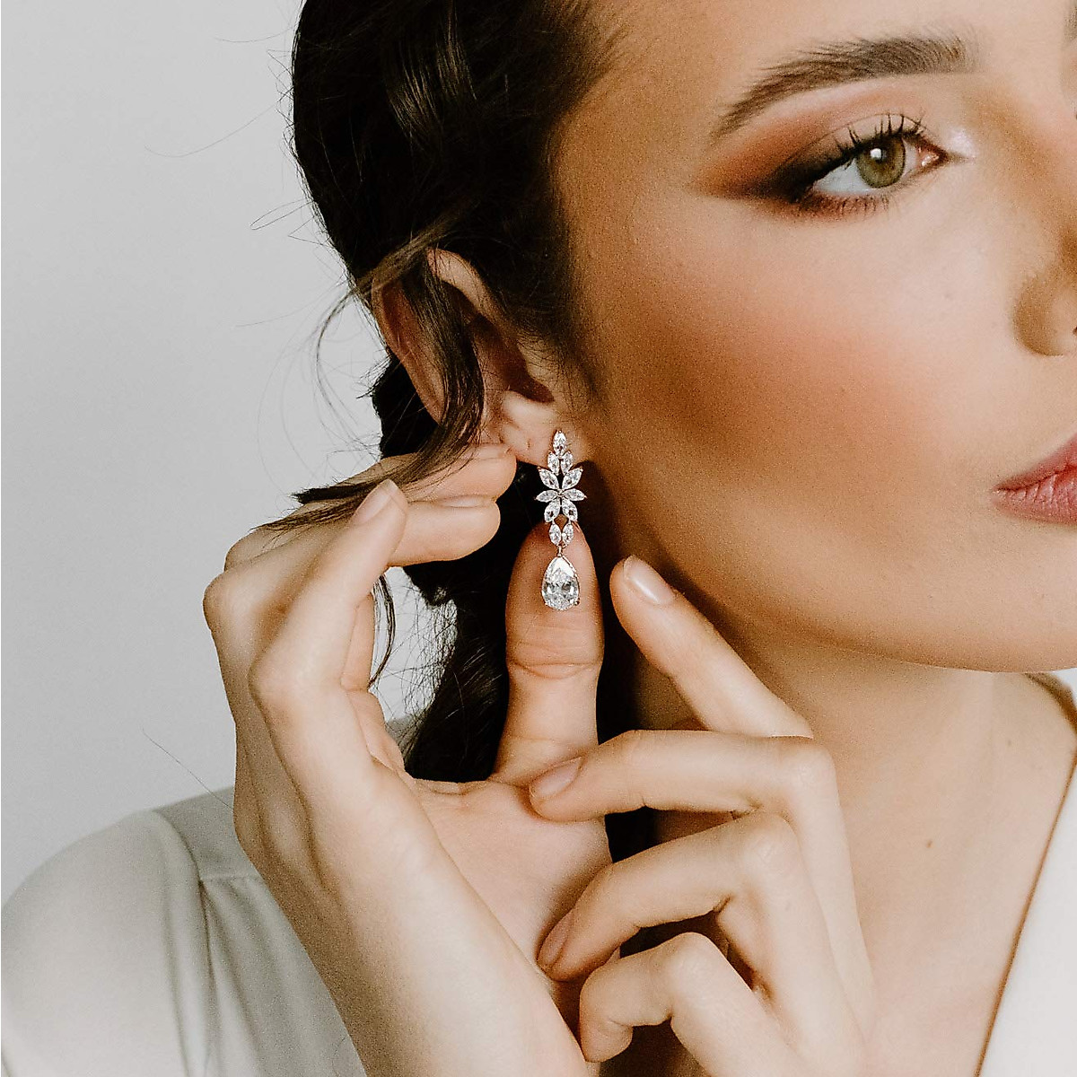 SWEETV Marquise Wedding Earrings for Women Brides Birdesmaids, Silver Crystal Cubic Zirconia Bridal Drop Earrings for Wedding Prom Jewelry