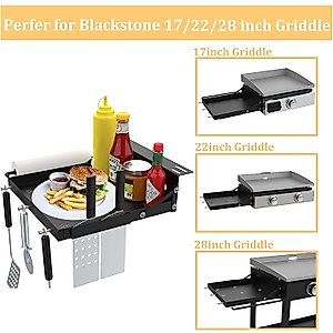 New Upgraded Griddle Caddy Shelf for Blackstone 17"/ 22"/ 28" Griddle, Addition Side Rack Storage Tray with Paper Towel Holder, Spatula Holder and 3 Hooks Organizer for Blackstone Grill Accessories