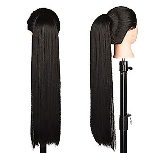 24 Inch (Can Be 26 Inch) Straight Hair Ponytail 2 Clips in Ponytail Hair Extensions Straight Hair Drawstring Ponytail For Ladies 125g/Piece Synthetic Hairpiece Ponytail Smooth &Soft Natural Black(1B)