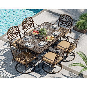 TITIMO 7 Piece Cast Aluminum Patio Dining Set, Outdoor Dining Furniture Patio Table and Chairs Set,6 Floral Pattern Swivel Rocker Chairs with Cushions (Khaki)