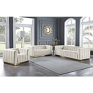 Meridian Furniture 603Cream-L Marlon Collection Modern | Contemporary Velvet Upholstered Loveseat with Deep Channlel Tufting and Brushed Gold Finish, Cream, 62.5" W x 34" D x 28" H