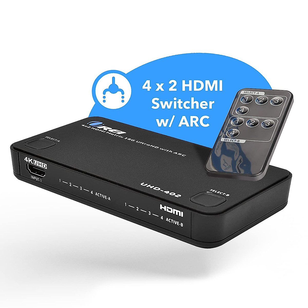 OREI 4K HDMI Matrix Switch 4 X 2, Switcher 18G UltraHD with Arc Supports upto 4K @ 60Hz & 1080P IR Remote Control - Full Matrix Selection (UHD-402)