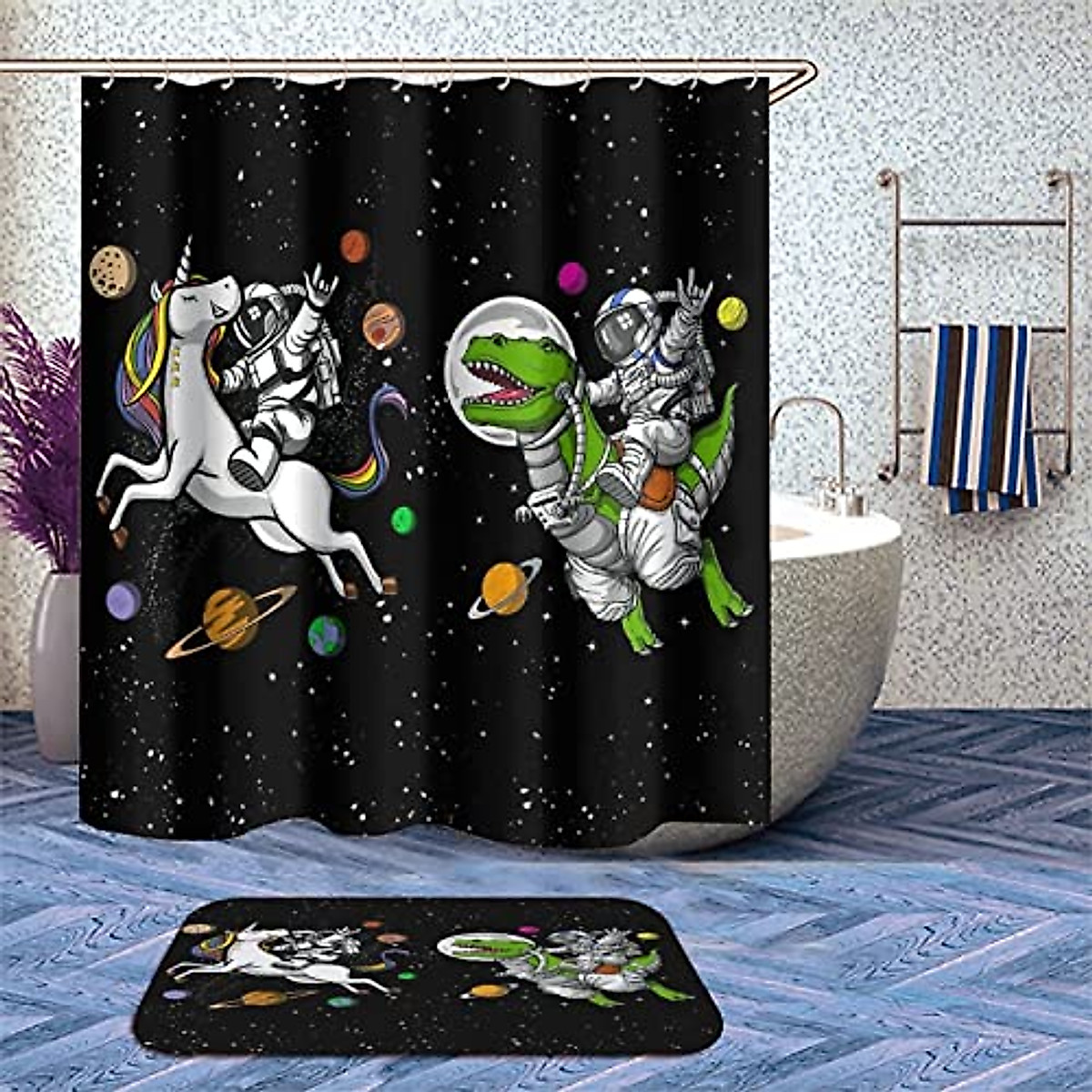 Outer Space Shower Curtain with 12 Hooks,Non-Slip Rug Toilet Lid Cover Bath Mat 4 Piece Sets Bathroom Set Space Art Astronaut Riding A Unicorn and Dinosaur and Planet Home Bathroom Decor, 72X72 Inch