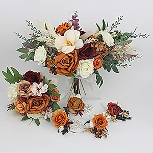 Rinlong 6Pcs Burnt Orange Wrist Corsage Wristlet Band Boho Bracelet Wrist Flowers Wedding Bride Bridesmaid Flower Accessories Decoration