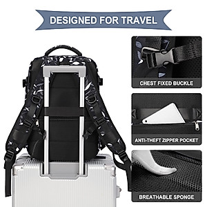 Large Travel Women Carry On Backpack,Hiking, Waterproof Outdoor Sports Rucksack Casual Daypack Fit 14 Inch Laptop with USB Charging Port Shoes Compartment, Leaves Black