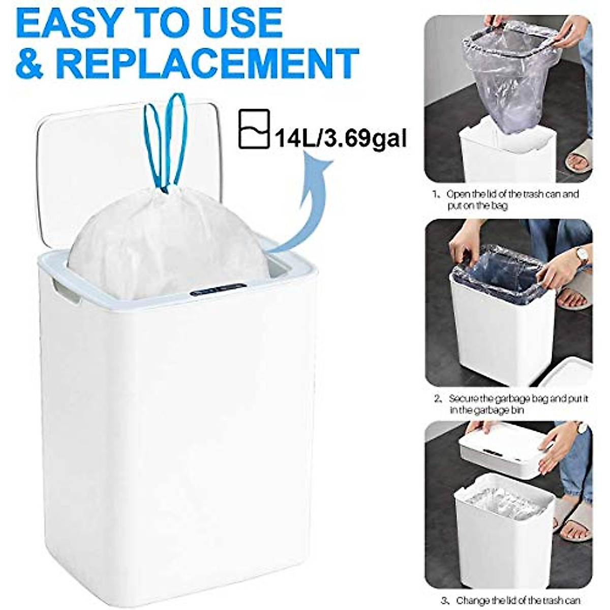 Inductive Trash Can, Non-Touch Sensor Trash Bin 14 Liter/3.7 Gallon Large Capacity Contactless Garbage Can with Lid, Automatic Sensor Waste Basket for Kitchen Home Office Bedroom (White)