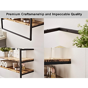 Metal Industrial 2 Tier Bathroom Shelves Wall Mounted,24" Bathroom Shelf with Towel Bar,Wall Shelf Towel Rack Over Toilet,Floating Shelves Towel Holder,Solid Wood Shelves with Metal Frame,Black
