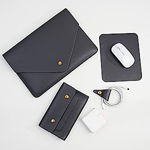 Benfan PU Leather Laptop Sleeve 13 Inch Compatible for 2022 13inch MacBook Air M2,13 MacBook Pro M2, Surface Pro 3 4 5 6 7, Dell XPS 13 with Small Pouch, Mouse Pad and Cord Organizer Color Dark Grey
