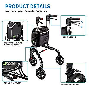 Planetwalk Premium 3 Wheel Rollator Walker for Seniors - Ultra Lightweight Foldable Walker for Elderly, Aluminum Three Wheel Mobility Aid, Black