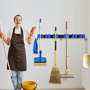 Mop Broom Holder Wall Mounted,6 Racks 3 Hooks Heavy Duty Stainless Steel Broom and Mop Hangers,Garage Storage Rack & Garden Tool Organizer, Self-adhesive/Screw Drilling