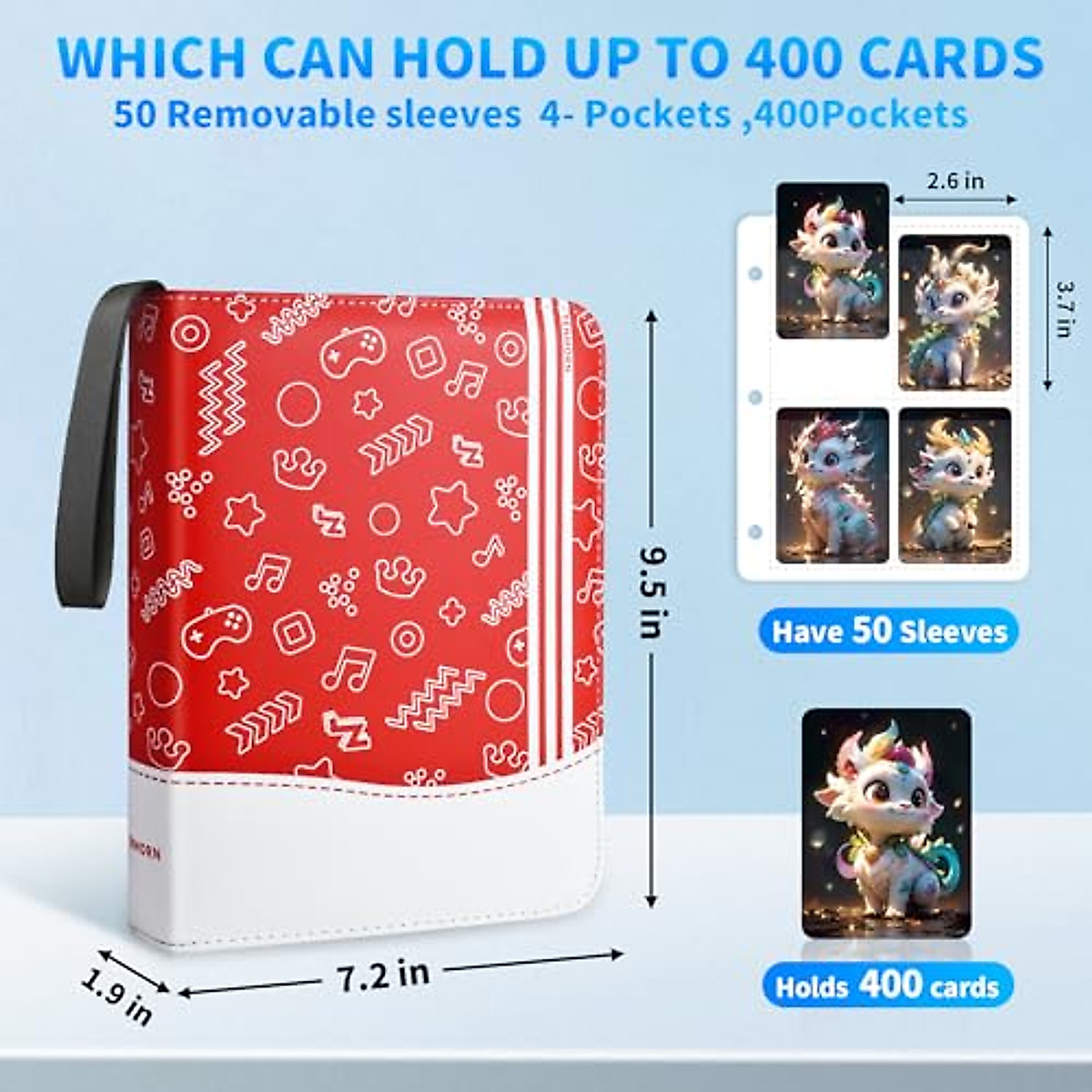 Tenmorn Card Binder 4-pocket,400 Pockets.Card Holder Album Book with 50 Removable Sleeves for TGC Football Baseball Sports MTG Cards.for Collectors Boys Girls Toys Gift (Red)
