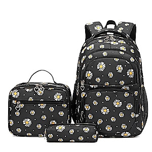 ZHIERNA School Backpack 3PCs Daisy Prints Set With Lunch Bag, Bookbags with Pen Case For Teen Girls Kindergarten Elementary（Black）
