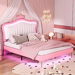 CKLMMC Cute Queen Size Upholstered Princess Bed with Crown Headboard, Modern Upholstered Bed Frame with LED Lights, No Box Spring Required (White+Pink/Princess1)
