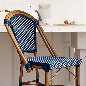 EMMA + OLIVER Soie Bistro Bar Stool - Stacking Indoor/Outdoor PE Rattan Bar Stool with Bamboo Finish Frame - 30" High - Set of Two - Navy/White