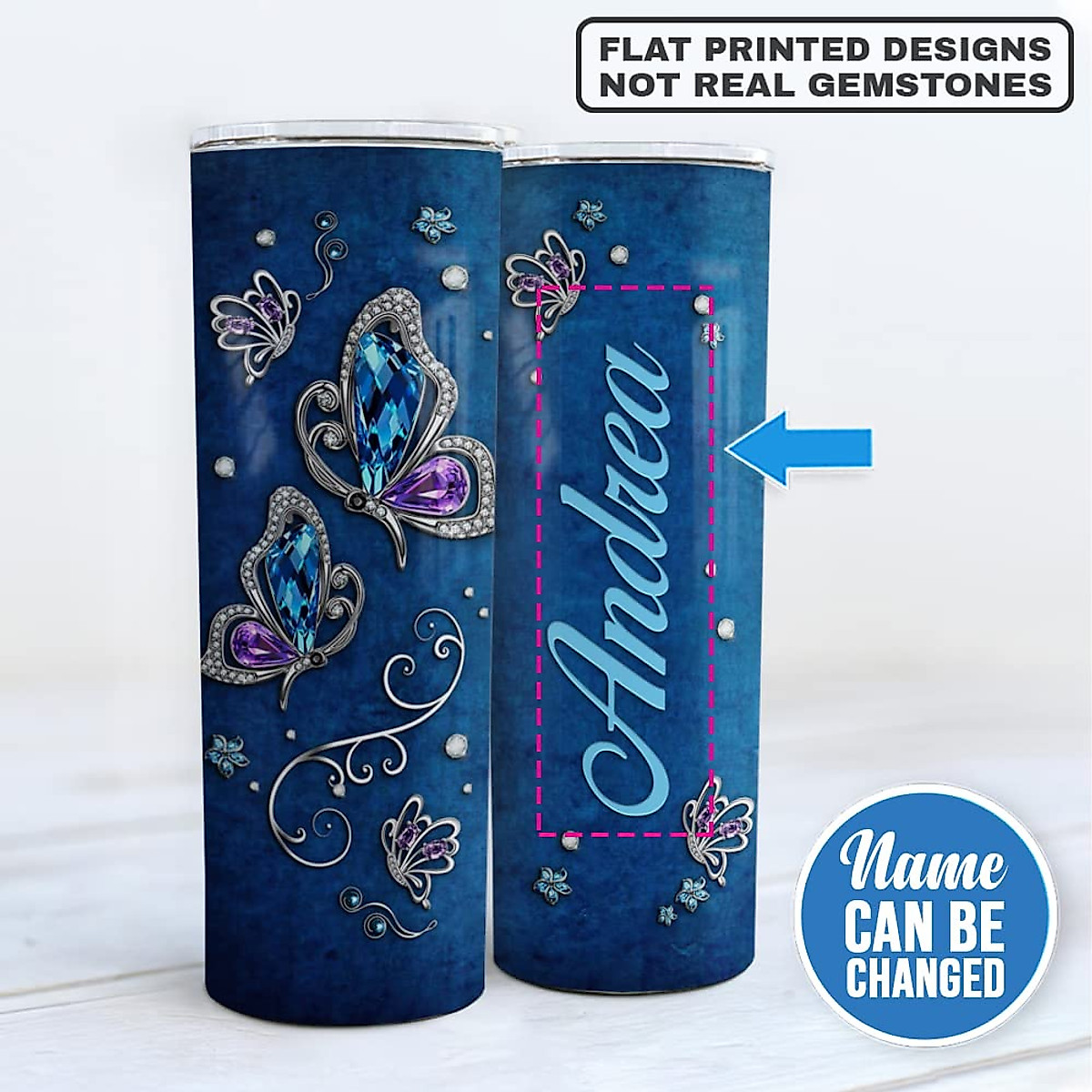 Wassmin Personalized Butterfly Skinny Tumbler Customized Stainless Steel Vacuum Insulated Tumbler With Lid 20 Oz Double Walled Insulated Coffee Cup for Gym Fitness Travel Office Use For Women