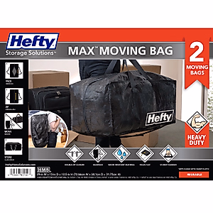 Hefty Moving Bag – Extra Large Double Zipper Backpack – Heavy Duty, Water Resistant, Foldable, Reusable Packing & Storage Tote with Shoulder Straps for Garage and Basement Organization – 2 Pack