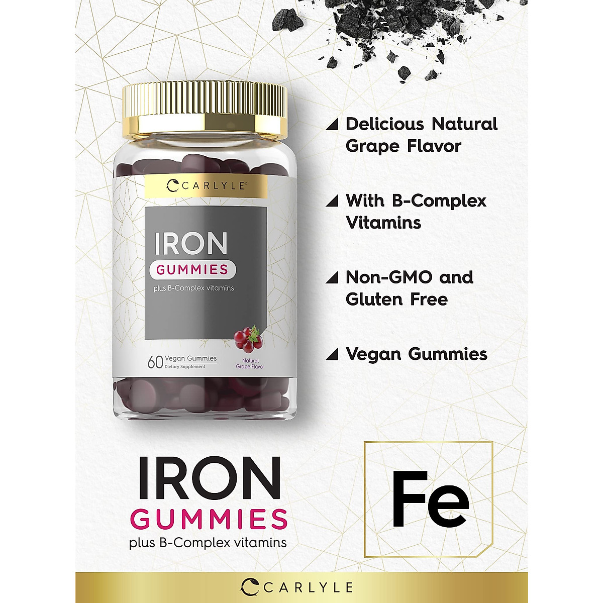 Carlyle Iron Gummies | Plus B-Complex Vitamins | 60 Vegan Gummies | Grape Flavor | Non-GMO, Gluten Free Supplement