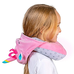 BENBAT Hooded Travel Pillow Neck Support – Soft, Polyester Total Car Seat Head Support for Children 4+ with Magnetic Closure and Ponytail Hole – Machine-Washable Travel Essentials (Unicorn)