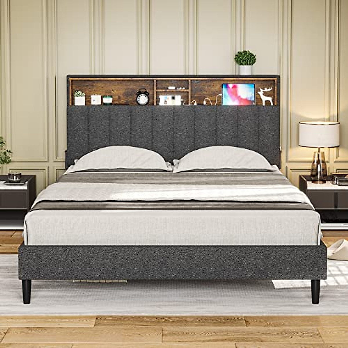 ADORNEVE Full Size Bed Frame with Outlet and USB Ports, Modern Upholstered Platform Bed with Storage Headboard & Height Adjustable, No Box Spring Needed, Dark Grey