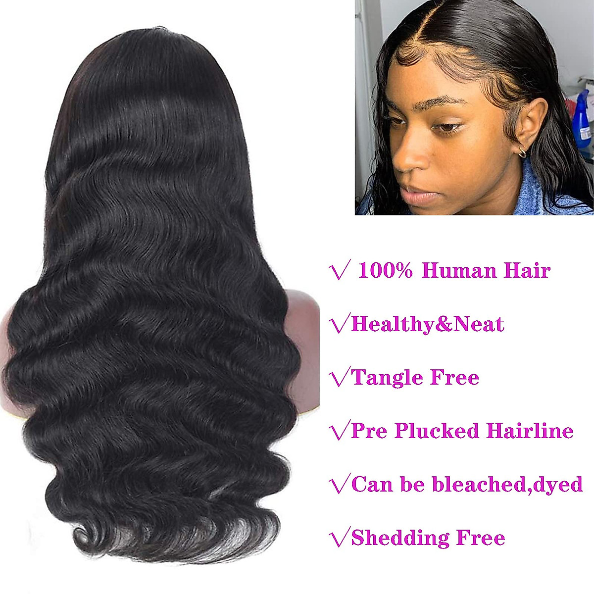 Body Wave Lace Front Wigs Human Hair 20 Inch Glueless 4X4 Lace Closure Wigs Human Hair for Black Women 180% Density Brazilian Virgin Hair Pre Plucked Bleached Knots with Baby Hair (Natural Color)
