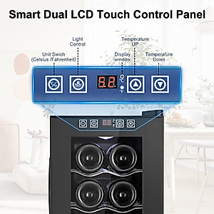 8 Bottle Small Wine Fridge, Mini Wine Cooler with Removable Shelves Interior Light Digital Touch Control, Double-Layer Tempered Glass Door Wine Cooler Refrigerator
