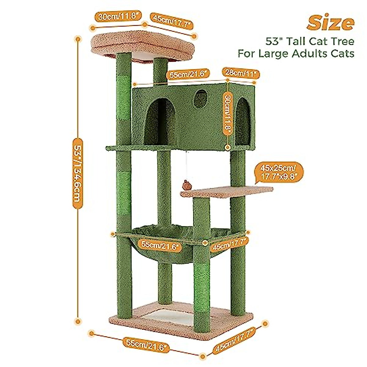 Meow Sir Cactus Cat Tree for Large Cats 53 Inches Multilevel Cat Tower with Large Hammock Super Spacious Condo and Wide Padded Perch Scratching Posts and Pad for Indoor Cats-Large Cactus