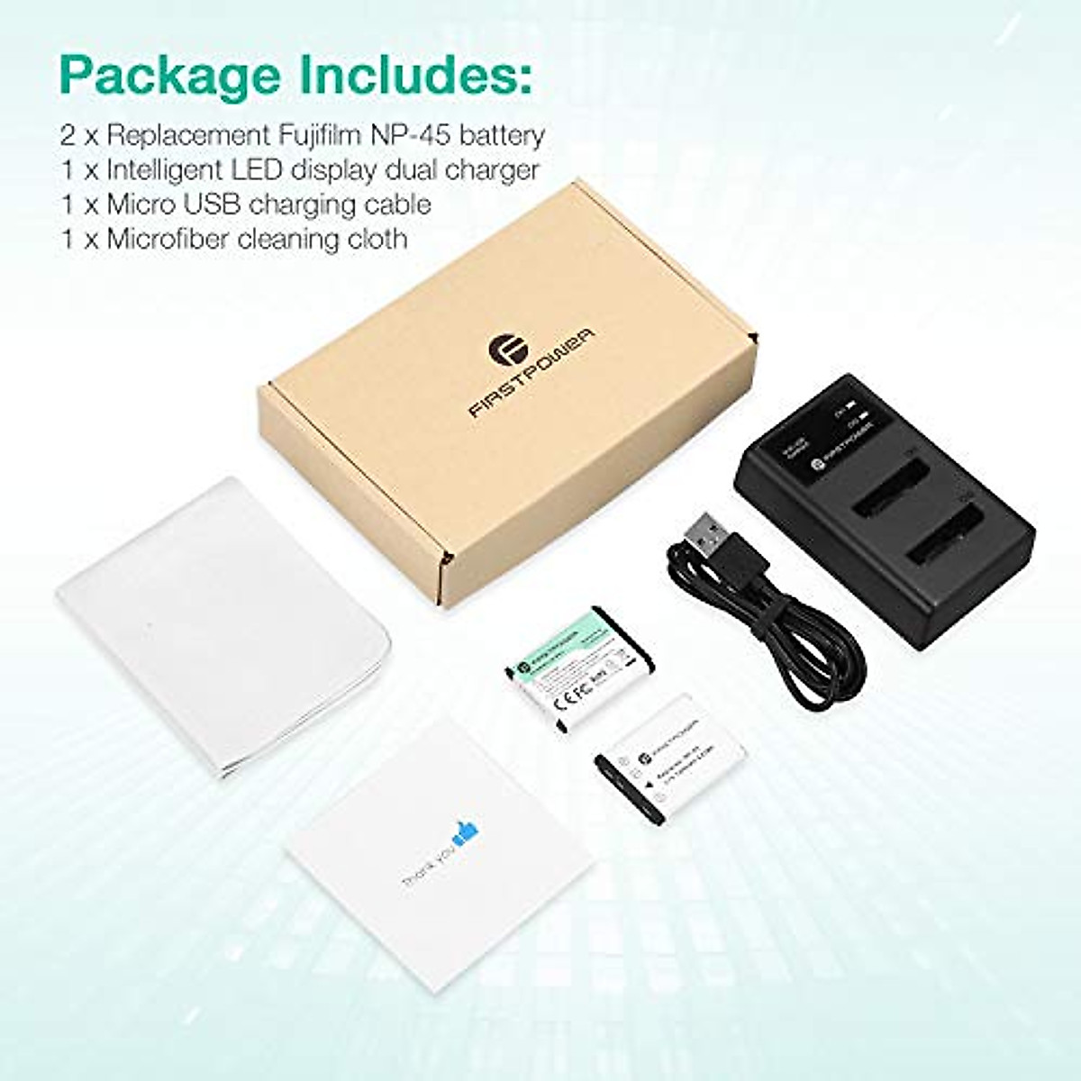 FirstPower NP-45/NP-45A/NP-45S Battery (X2) and Dual Charger for Fujifilm INSTAX Mini 90 Fuji FinePix XP140 XP130 XP120 XP90 XP80 XP70 XP60 XP30 XP20 T560 T550 T510 T500 T400 T360