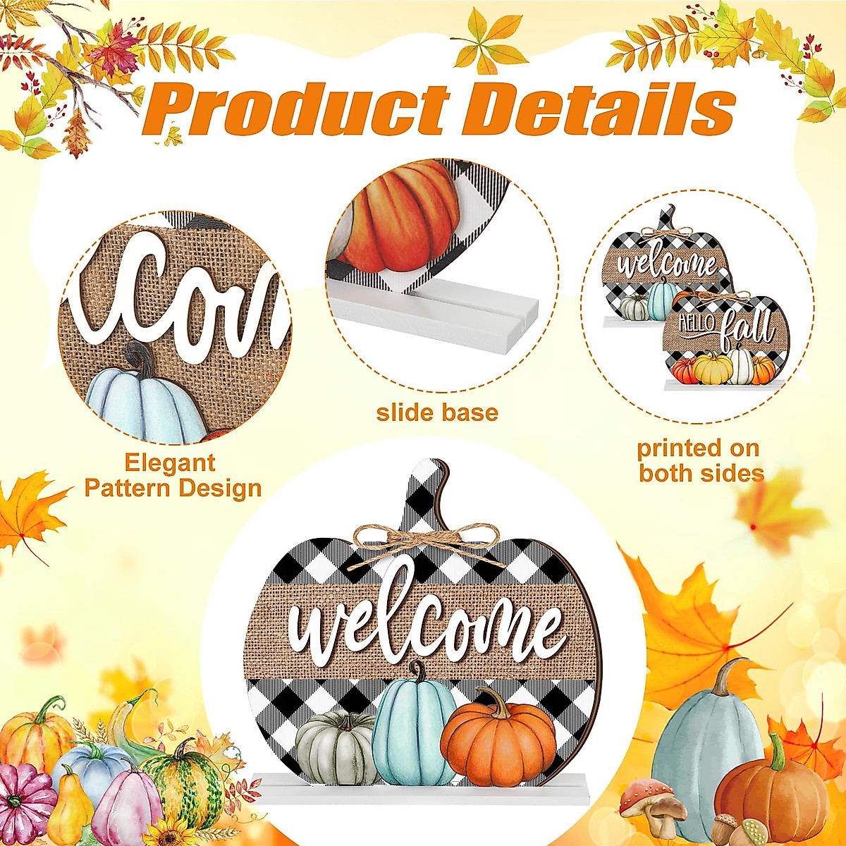 Geetery Thanksgiving Hello Fall Pumpkin Sign Decorations 12 Inch Double Printing Wooden Autumn Buffalo Plaid Welcome Tabletop Decor Farmhouse Thanksgiving Decorations for Harvest Living Room