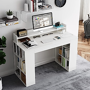 Tangkula 48” White Desk with Storage Bookshelf, Home Office Computer Desk with Dual 3 Tier Bookshelf & Monitor Shelf, Study Writing Desk with Anti-Tipping Kit, Executive Desk for Study & Bedroom