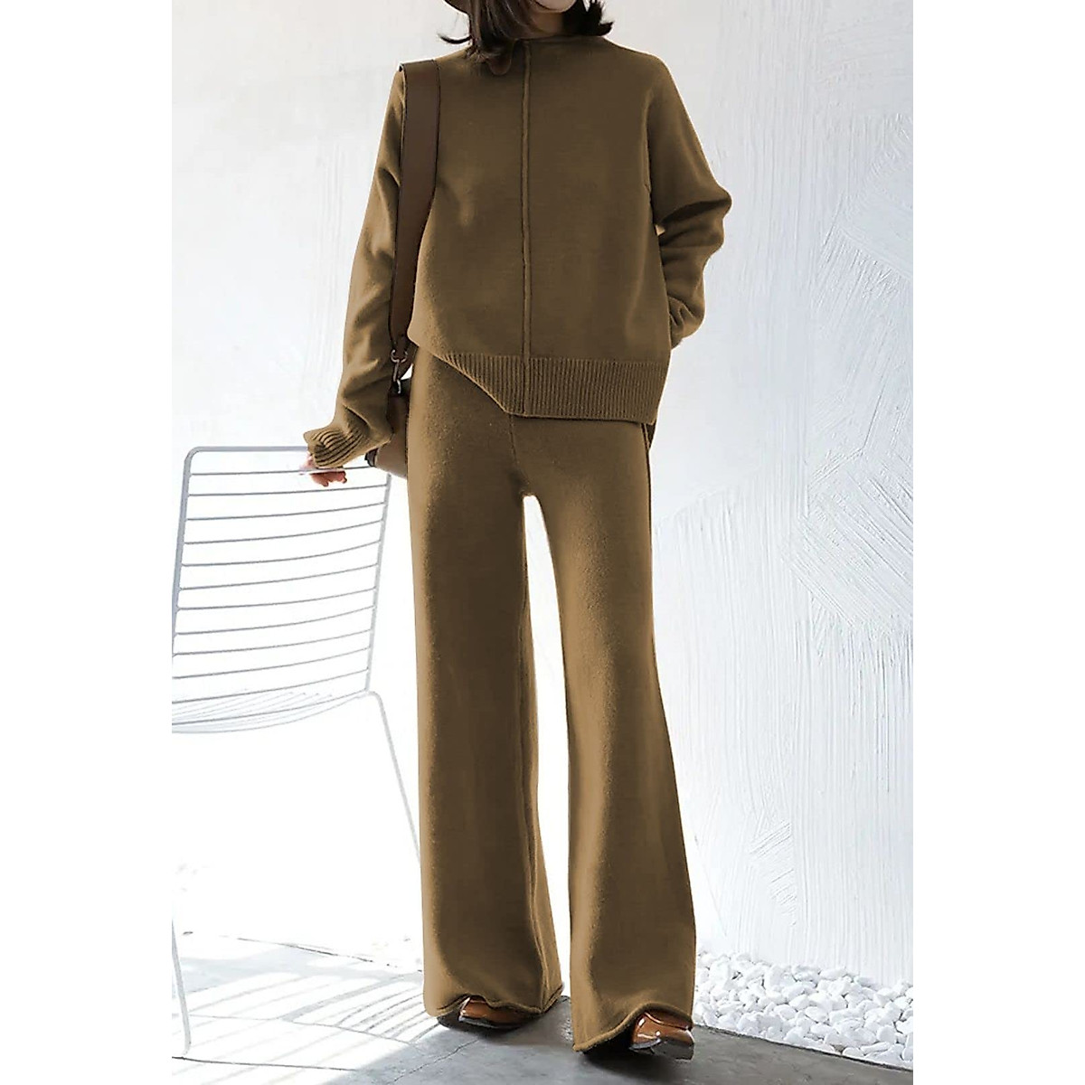 Fixmatti 2 Piece Set Women High Neck Loose Sweater Jumper Tracksuit Knitted Pants Sets Sweatsuit Outfit Brown XL