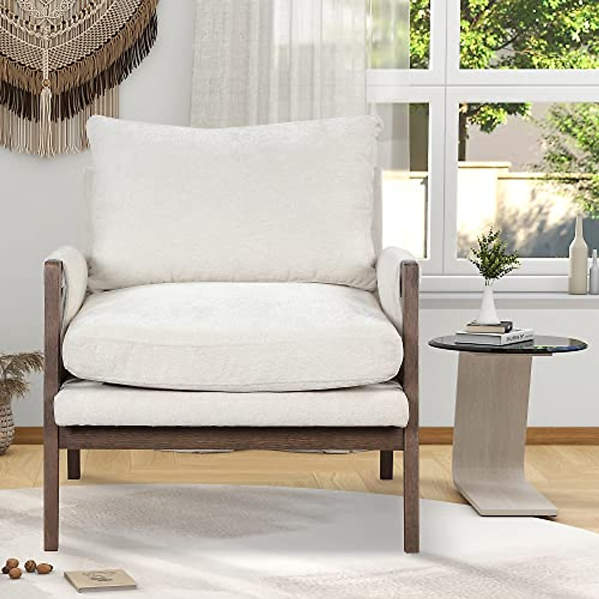 FIQHOME Mid Century Modern, Velvet Upholstered Accent Rubber Wood Frame,Comfy Reading Chair for Bedroom,Single Armchair for Living Room Office Apartment,White