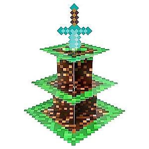 Pixel Game Style Cupcake Holder, 3-Tier Cardboard Cupcake Stand, Dessert Tower Display for Birthday Party Supplies Decoration