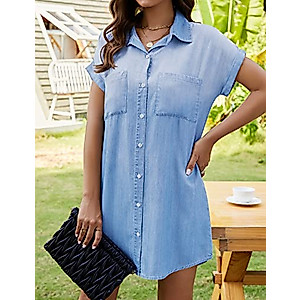 Women Denim Shirt Dresses Short Sleeve Distressed Jean Dress Button Down Casual Tunic Tops Blue XXL