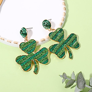 Vogueknock St Patricks Day Earrings Glitter Green Leaf Lucky Earrings for Women Sparky Shamrock Clover Drop Dangle Earrings Irish Holiday Party Jewelry Gifts (Green Lucky Shamrock)