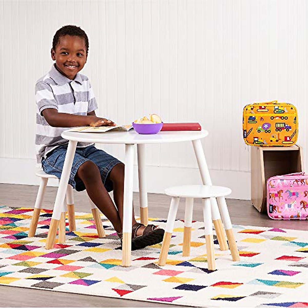 Wildkin Kids Scandi Table and Chairs for Toddlers Boys and Girls, Table Set for Kids Includes Two Matching Stools, Features Solid Wood Legs, Ideal for Homes, Daycares, and Classrooms (White/Natural)